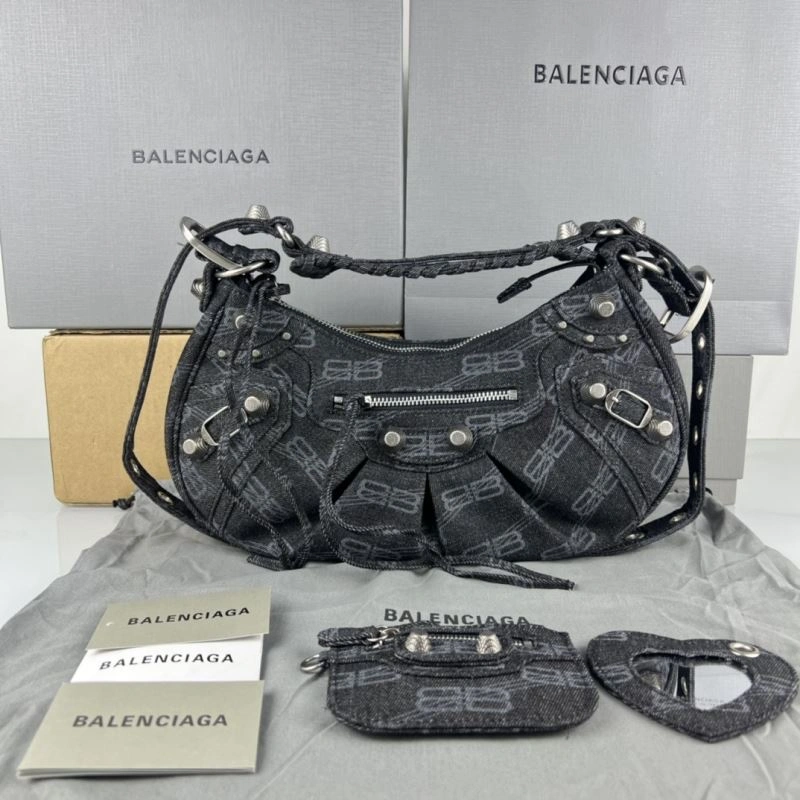 Balenciaga Le Cagole Denim Print Crescent Bag with Mirror Pouch