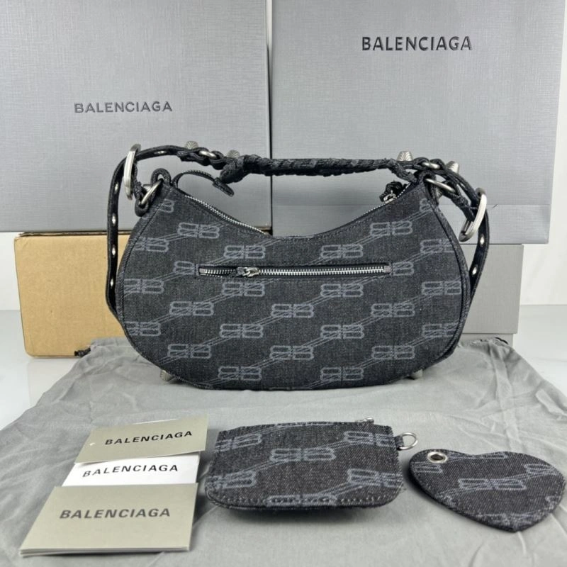 Top match Balenciaga Le Cagole Denim Print Crescent Bag with Mirror Pouch