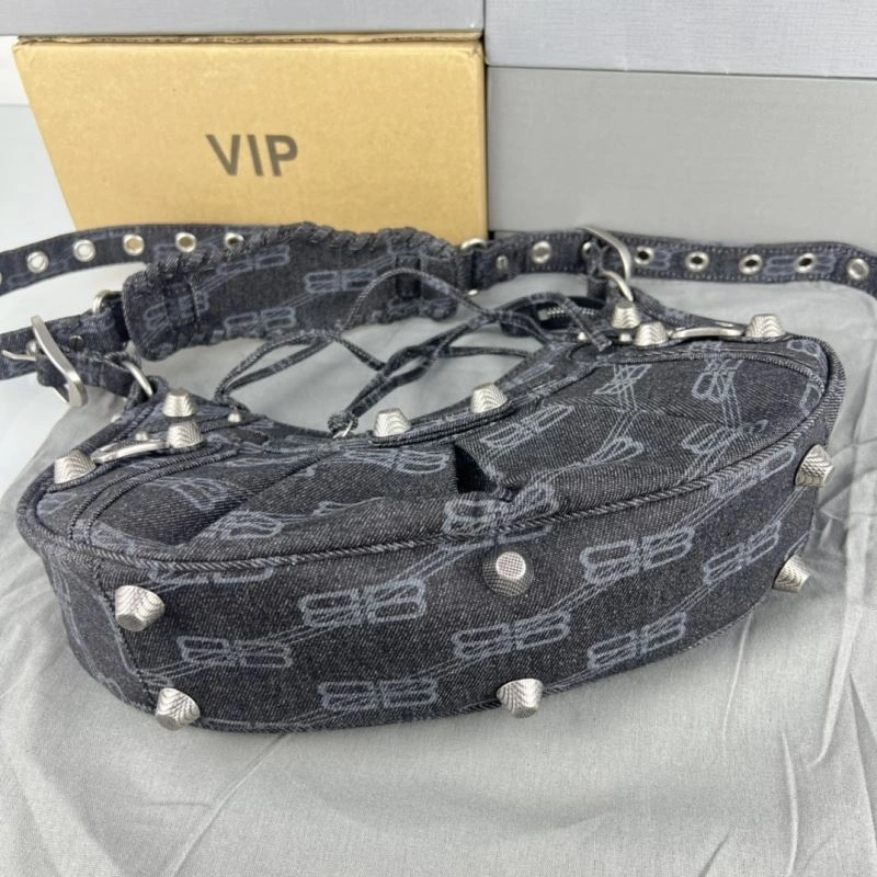Top match Balenciaga Le Cagole Denim Print Crescent Bag with Mirror Pouch