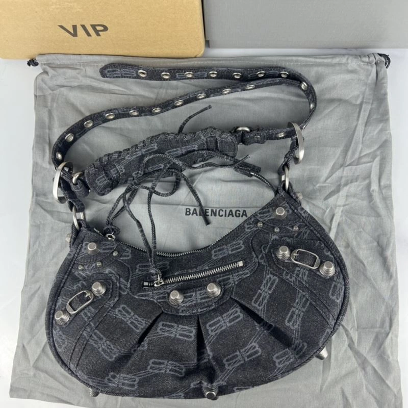 Top match Balenciaga Le Cagole Denim Print Crescent Bag with Mirror Pouch