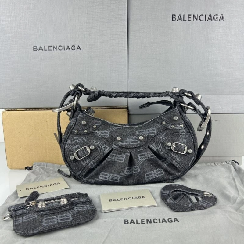 Balenciaga Le Cagole Denim Print Crescent Bag with Mirror Pouch