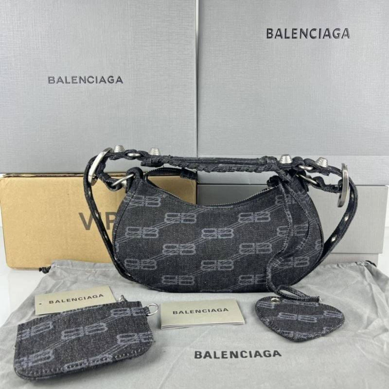 Economical Balenciaga Le Cagole Denim Print Crescent Bag with Mirror Pouch