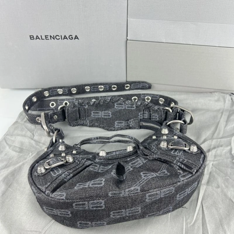 Economical Balenciaga Le Cagole Denim Print Crescent Bag with Mirror Pouch