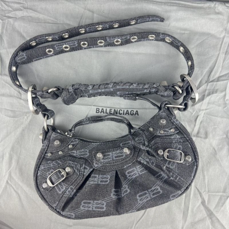 Economical Balenciaga Le Cagole Denim Print Crescent Bag with Mirror Pouch
