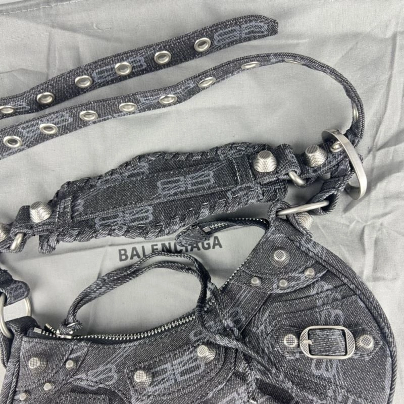 Economical Balenciaga Le Cagole Denim Print Crescent Bag with Mirror Pouch