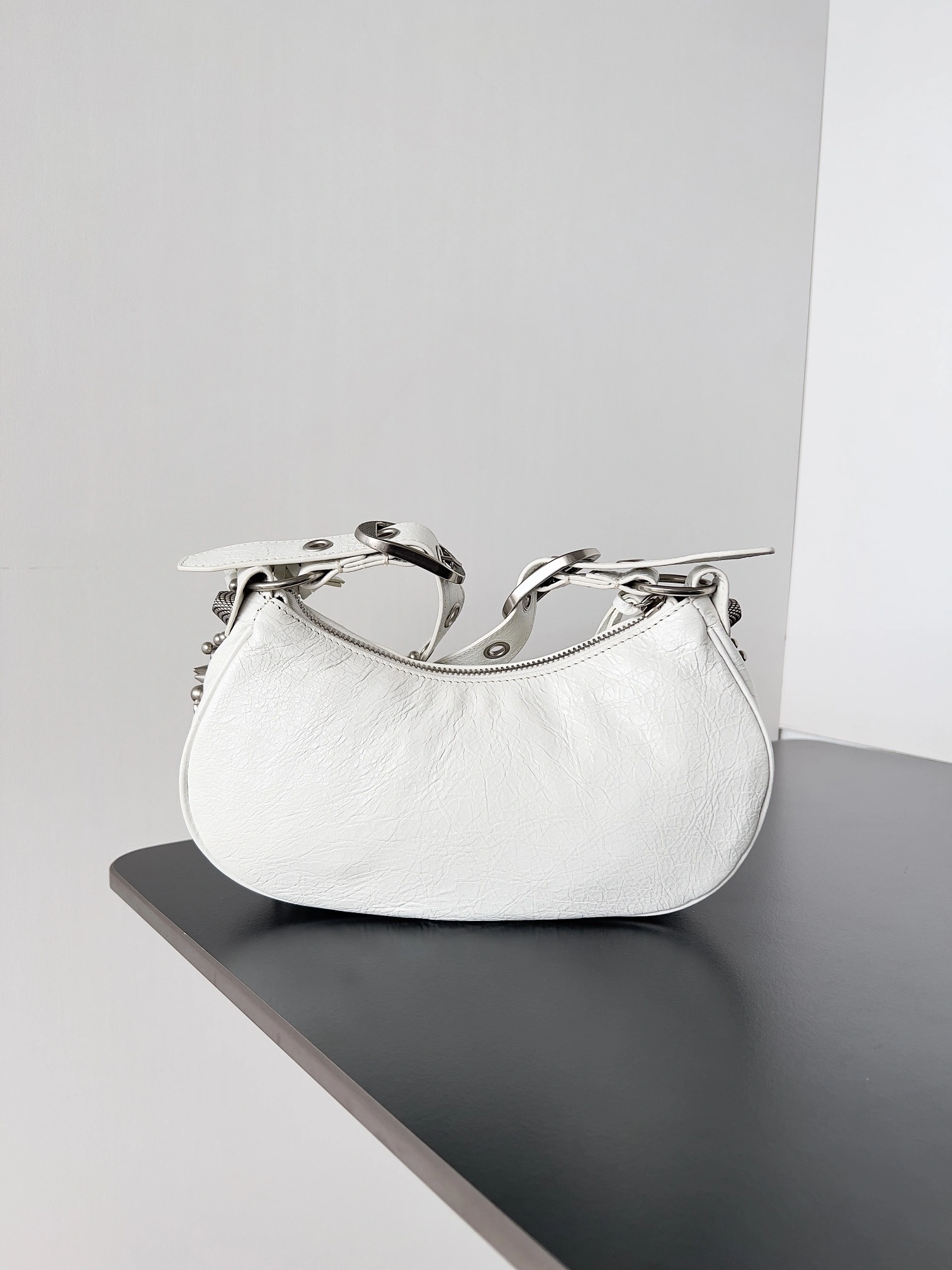 Inexpensive Balenciaga Le Cagole Half-Moon Studded Handbag with Adjustable Strap