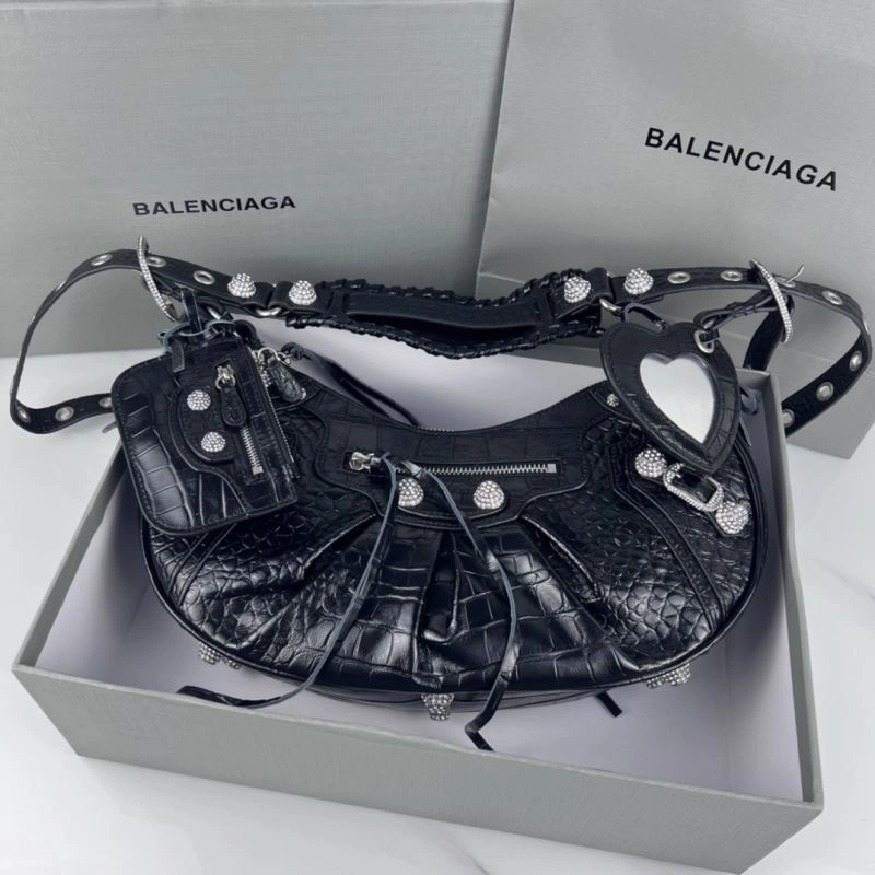 Balenciaga Le Cagole Large Black Crocodile Shoulder Bag with Diamonds