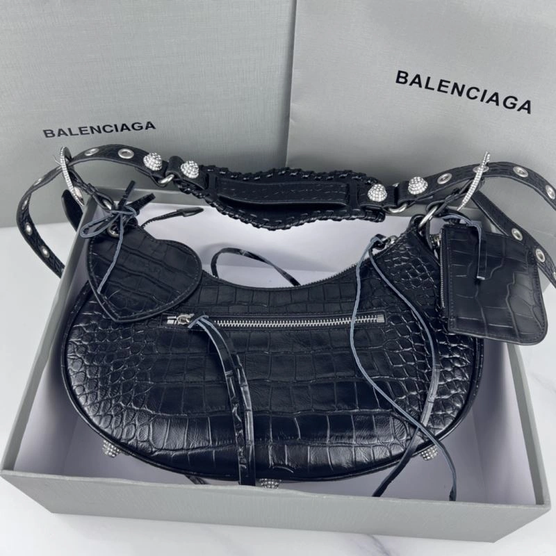 Affordable Balenciaga Le Cagole Large Black Crocodile Shoulder Bag with Diamonds