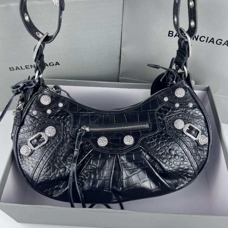 Affordable Balenciaga Le Cagole Large Black Crocodile Shoulder Bag with Diamonds