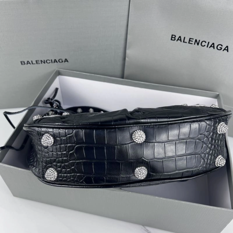 Affordable Balenciaga Le Cagole Large Black Crocodile Shoulder Bag with Diamonds