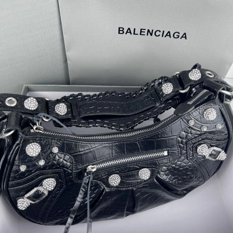 Affordable Balenciaga Le Cagole Large Black Crocodile Shoulder Bag with Diamonds