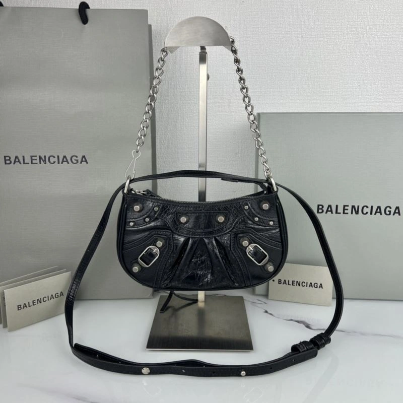 Balenciaga Le Cagole Mini Cracked Black with Silver Buckle Bag
