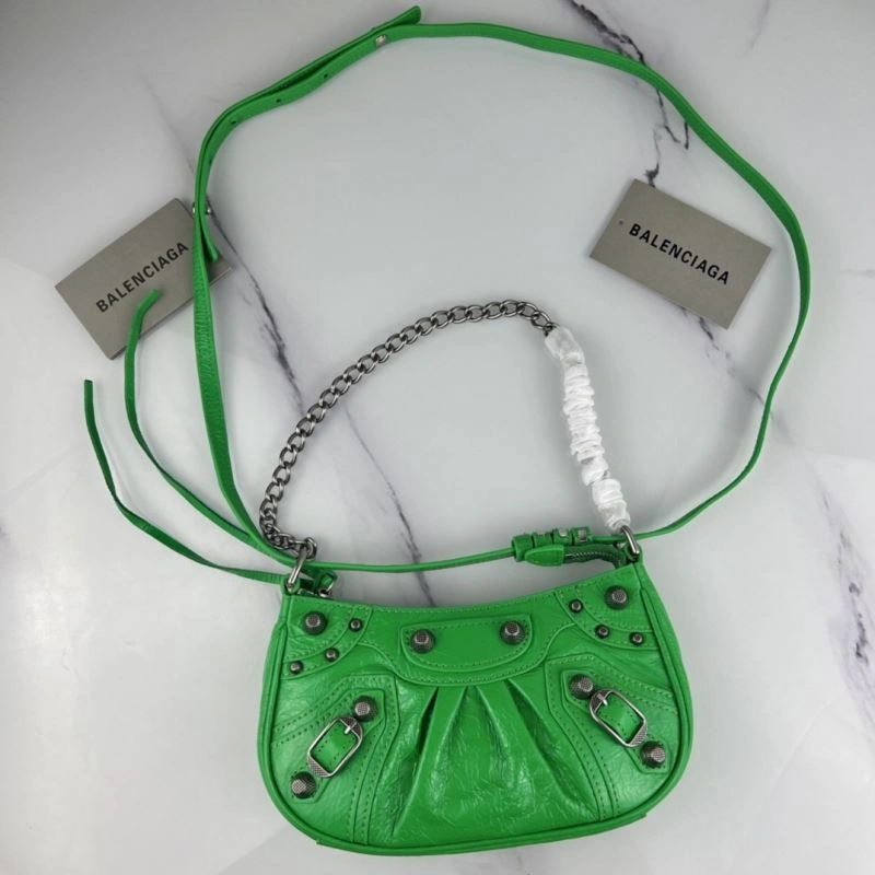 Real Balenciaga Le Cagole Mini Cracked Green Silver Buckle Bag