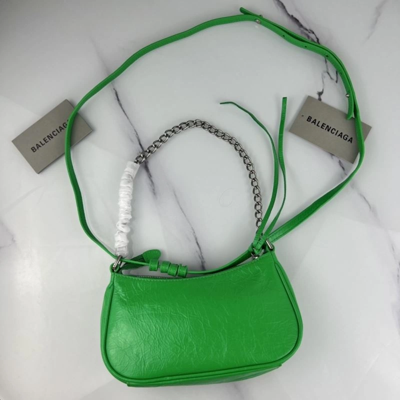 Real Balenciaga Le Cagole Mini Cracked Green Silver Buckle Bag