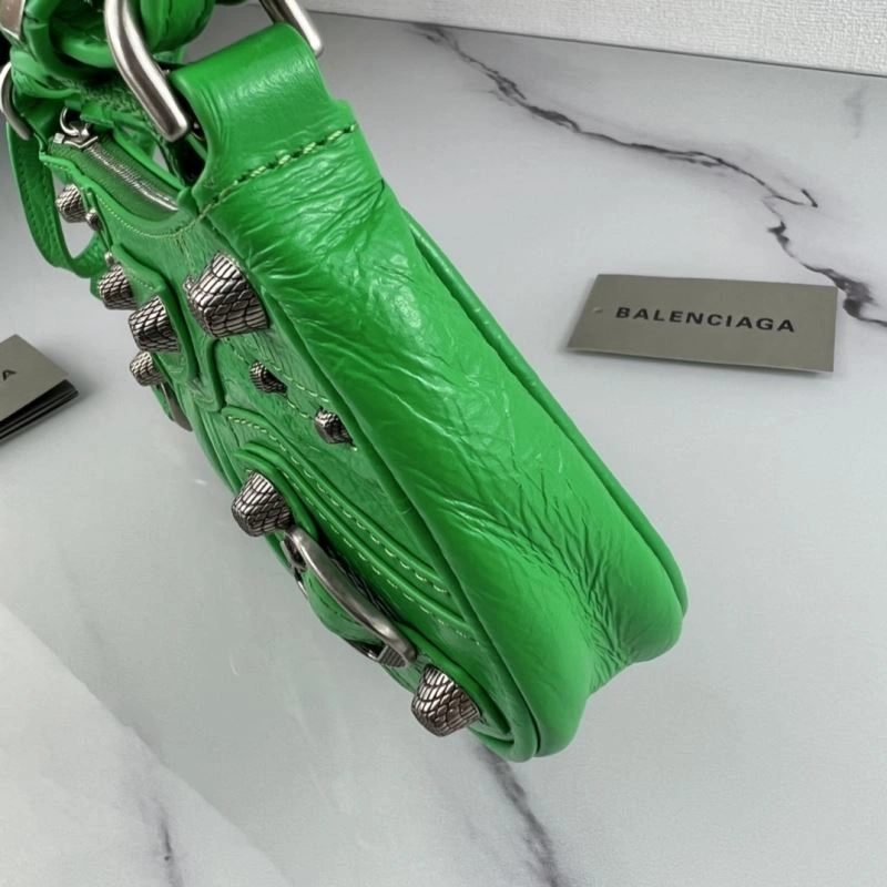 Real Balenciaga Le Cagole Mini Cracked Green Silver Buckle Bag
