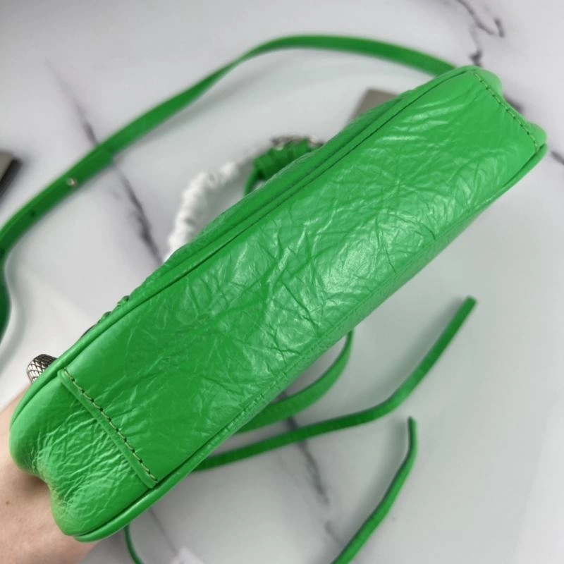 Real Balenciaga Le Cagole Mini Cracked Green Silver Buckle Bag