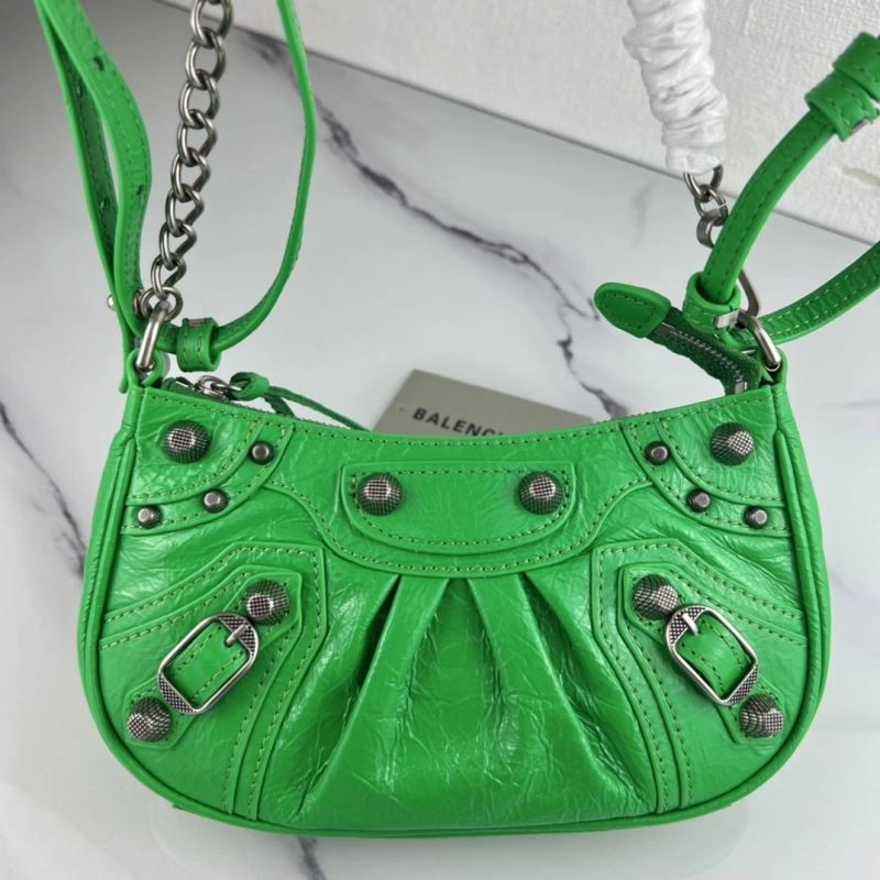 Real Balenciaga Le Cagole Mini Cracked Green Silver Buckle Bag