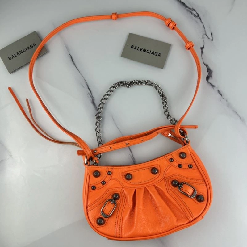 Economical Balenciaga Le Cagole Mini Cracked Orange Handbag with Silver Buckle