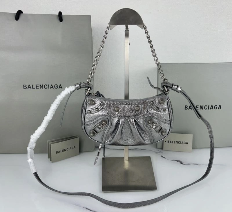 Balenciaga Le Cagole Mini Cracked Silver Bag with Silver Buckle