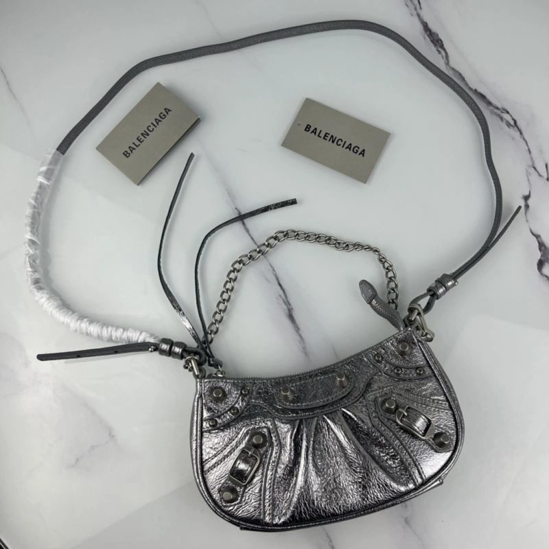 OEM Balenciaga Le Cagole Mini Cracked Silver Bag with Silver Buckle