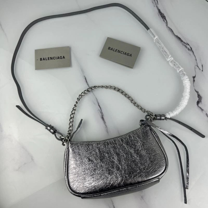 OEM Balenciaga Le Cagole Mini Cracked Silver Bag with Silver Buckle