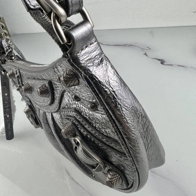 OEM Balenciaga Le Cagole Mini Cracked Silver Bag with Silver Buckle