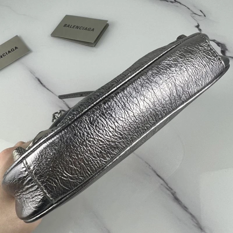 OEM Balenciaga Le Cagole Mini Cracked Silver Bag with Silver Buckle
