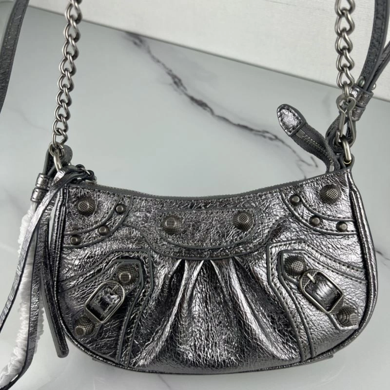 OEM Balenciaga Le Cagole Mini Cracked Silver Bag with Silver Buckle