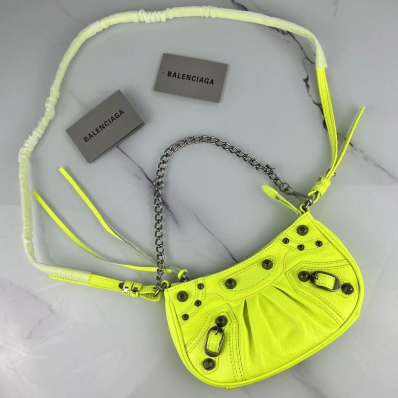 Original Balenciaga Le Cagole Mini Crackle Fluorescent Yellow Shoulder Bag