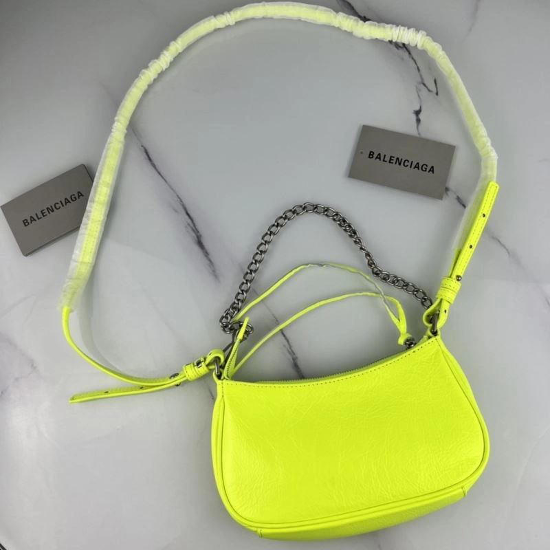 Original Balenciaga Le Cagole Mini Crackle Fluorescent Yellow Shoulder Bag
