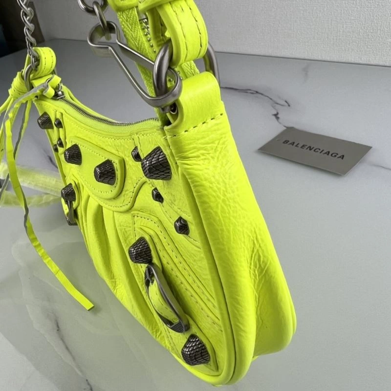 Original Balenciaga Le Cagole Mini Crackle Fluorescent Yellow Shoulder Bag