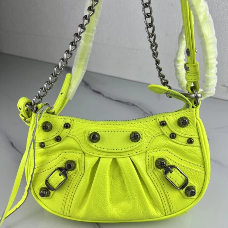 Original Balenciaga Le Cagole Mini Crackle Fluorescent Yellow Shoulder Bag