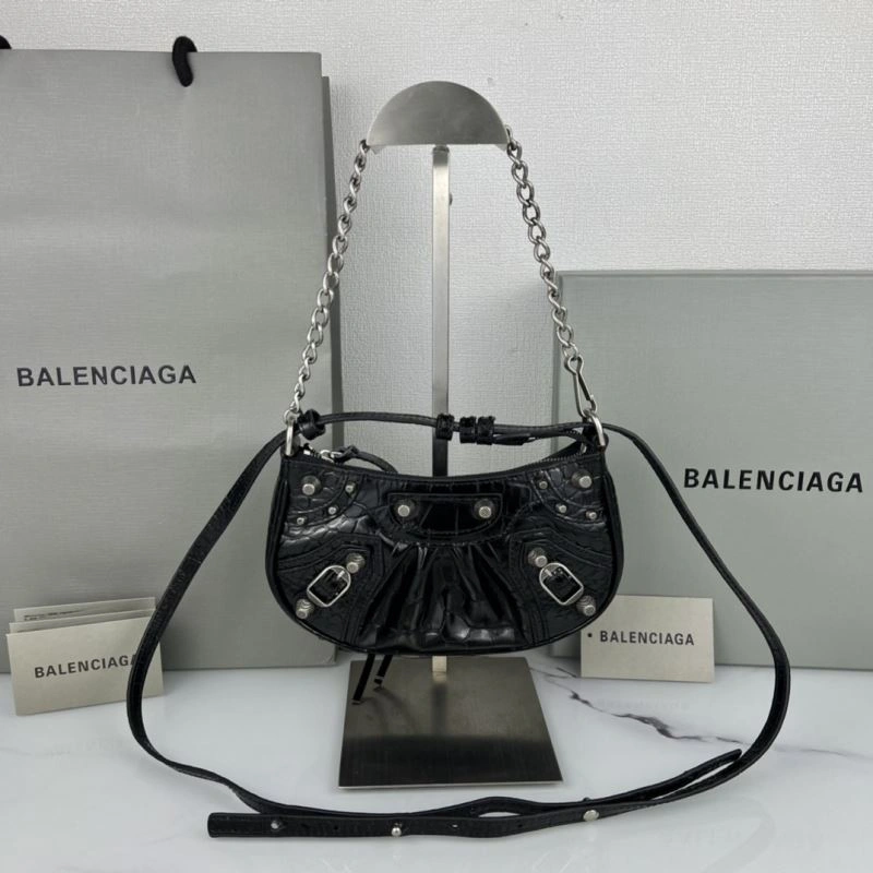 Balenciaga Le Cagole Mini Crocodile Pattern Bag with Silver Buckle
