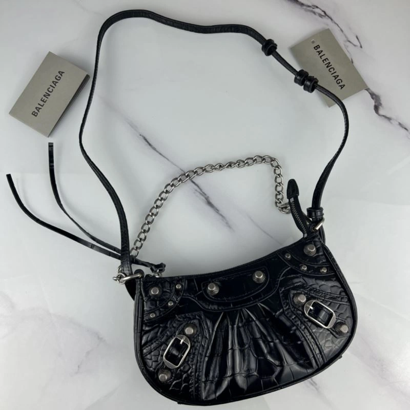 Genuine Balenciaga Le Cagole Mini Crocodile Pattern Bag with Silver Buckle