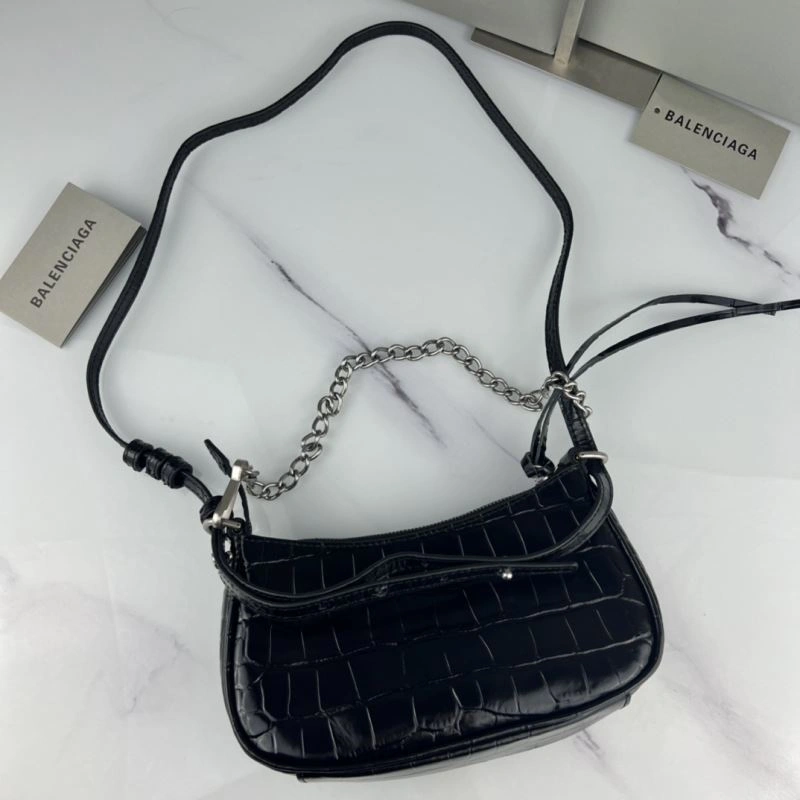 Genuine Balenciaga Le Cagole Mini Crocodile Pattern Bag with Silver Buckle