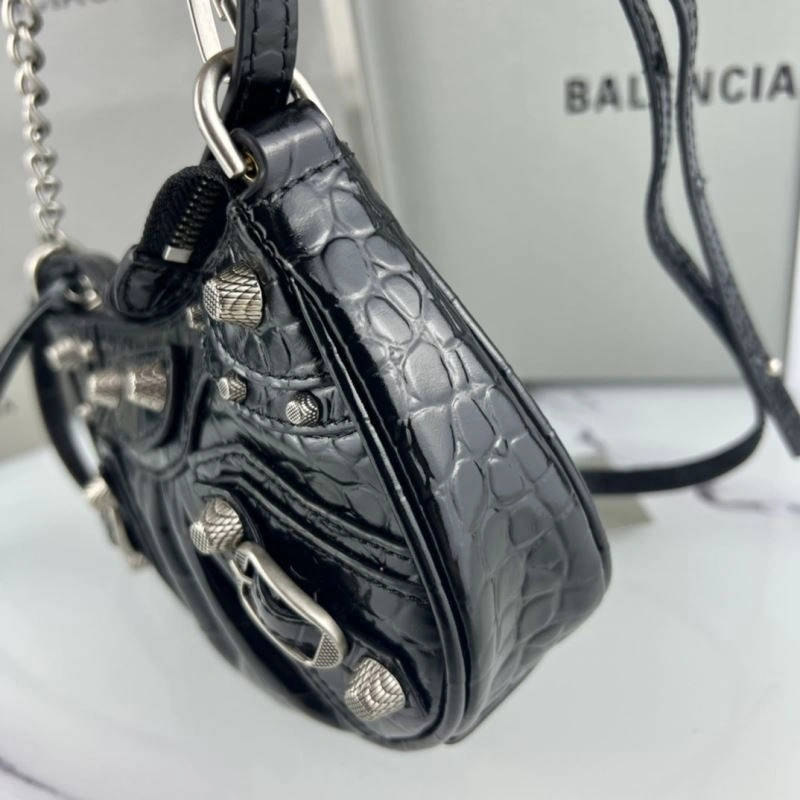 Genuine Balenciaga Le Cagole Mini Crocodile Pattern Bag with Silver Buckle