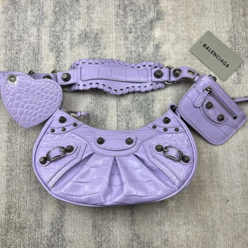 Top mirror Balenciaga Le Cagole Mini Dumpling Bag in Purple Crocodile
