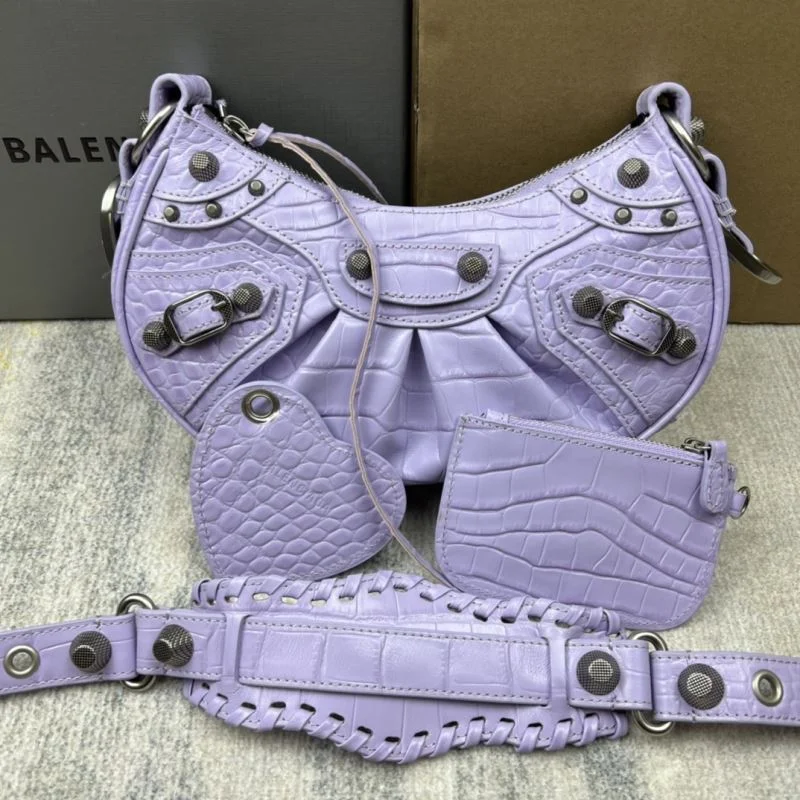 Top mirror Balenciaga Le Cagole Mini Dumpling Bag in Purple Crocodile