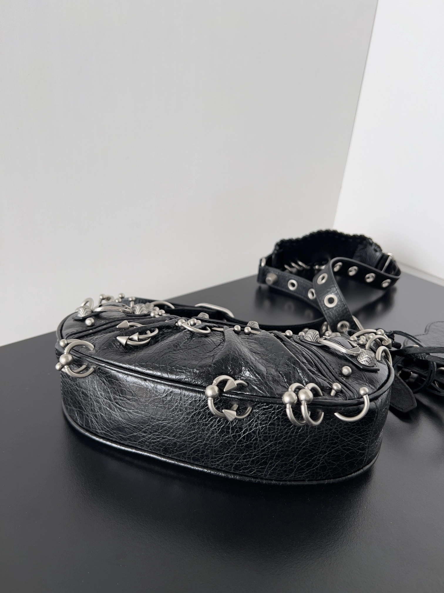 Genuine Balenciaga Le Cagole Perforated Stud Half-Moon Handbag with Adjustable Strap