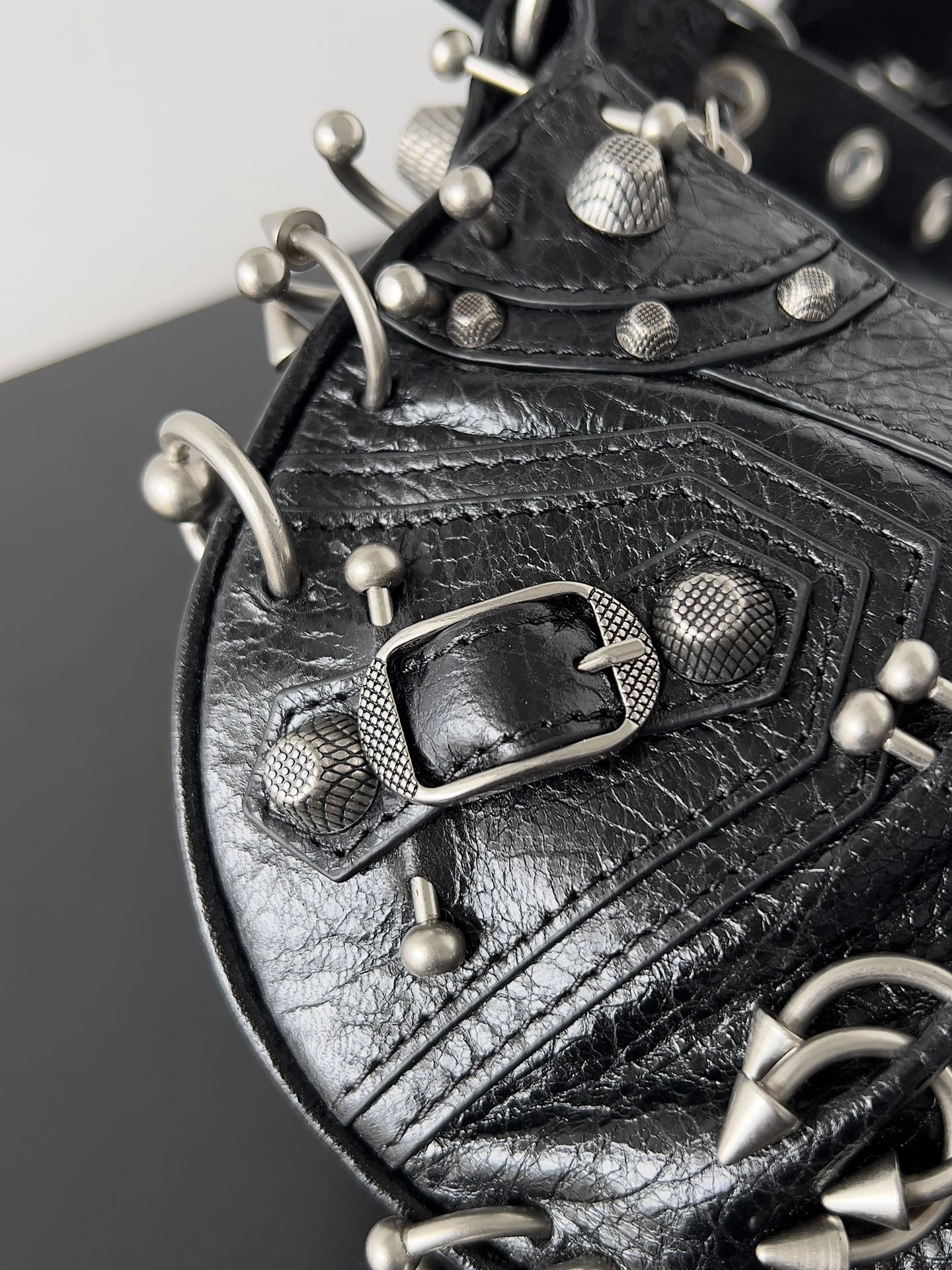 Genuine Balenciaga Le Cagole Perforated Stud Half-Moon Handbag with Adjustable Strap