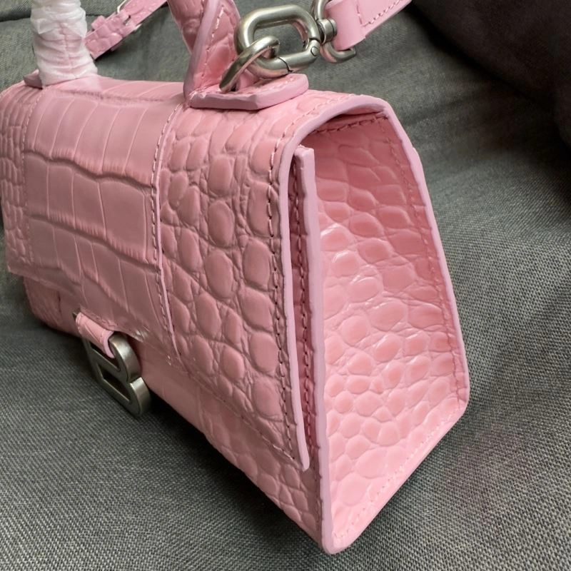 Top match Balenciaga Light Pink Crocodile Hourglass XS Bag with Silver Buckle