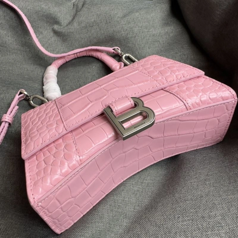 Top match Balenciaga Light Pink Crocodile Hourglass XS Bag with Silver Buckle