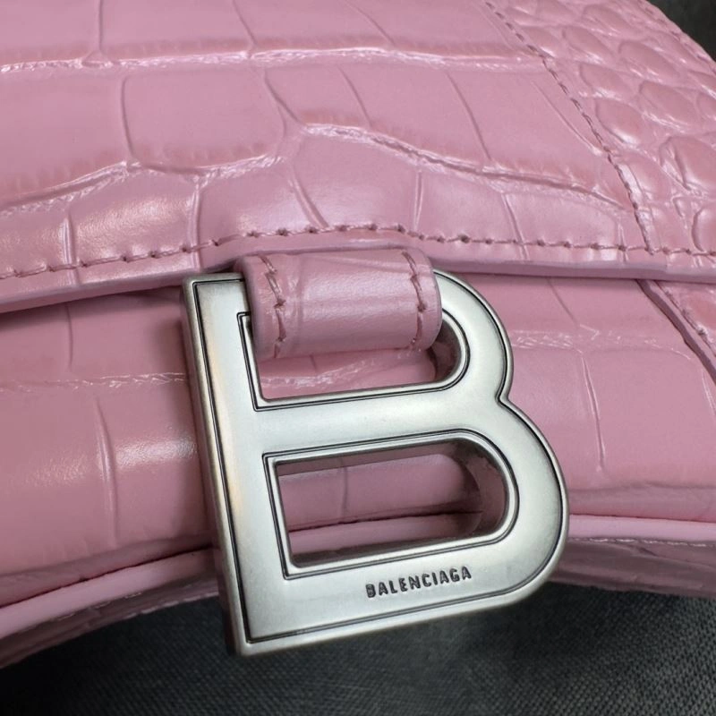 Top match Balenciaga Light Pink Crocodile Hourglass XS Bag with Silver Buckle
