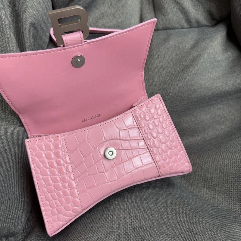 Top match Balenciaga Light Pink Crocodile Hourglass XS Bag with Silver Buckle