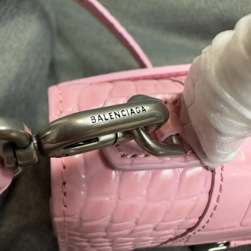 Top match Balenciaga Light Pink Crocodile Hourglass XS Bag with Silver Buckle