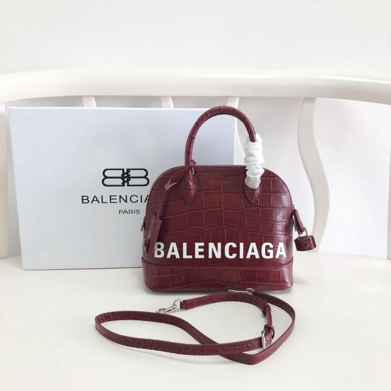 Balenciaga Luxury Burgundy Crocodile Shell Bag with Strap 26cm
