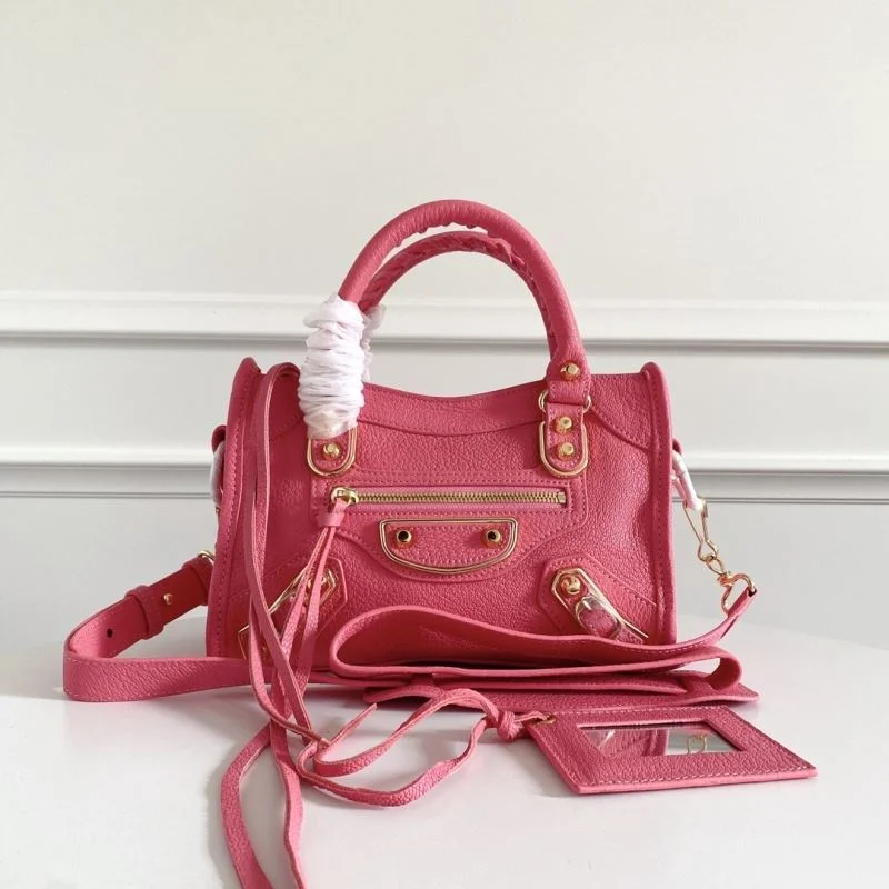 Balenciaga Luxury Pink Goat Leather Motorcycle Bag with Gold Buckle