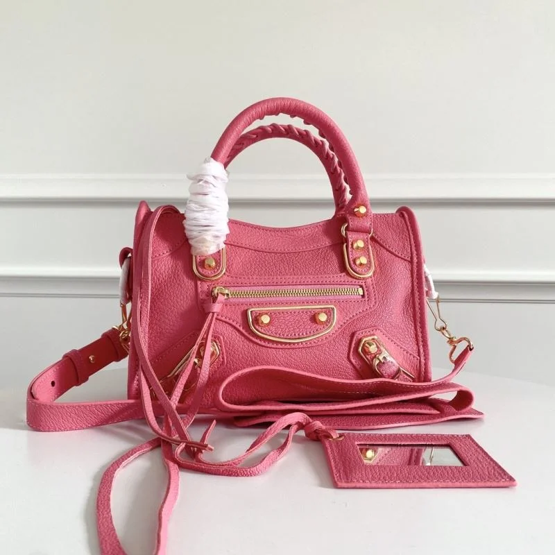 Bargain Balenciaga Luxury Pink Goat Leather Motorcycle Bag with Gold Buckle