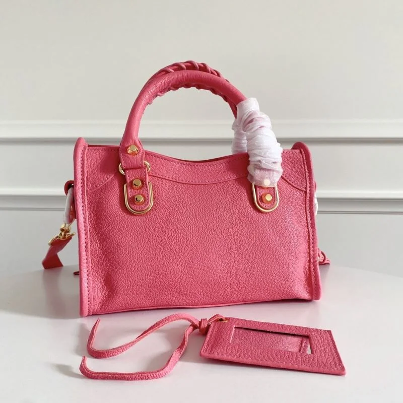 Bargain Balenciaga Luxury Pink Goat Leather Motorcycle Bag with Gold Buckle