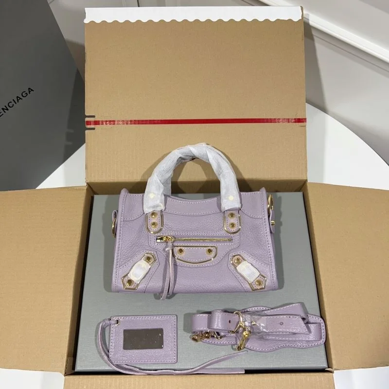 Balenciaga Luxury Purple Goat Leather Motorcycle Bag with Gold Buckle
